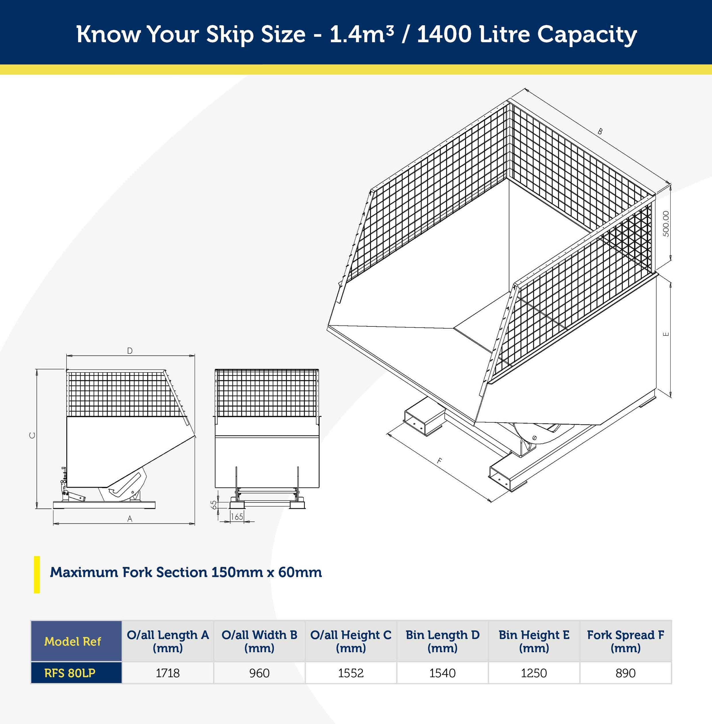 1400 Litre (1.4m3) Capacity Tipping Skip With Raised Meshed Sides ...